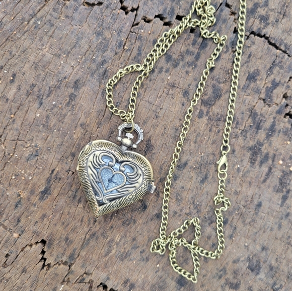 Jewelry | Antique Brass Heart Locket Watch Necklace Pocket Watch Locket ...